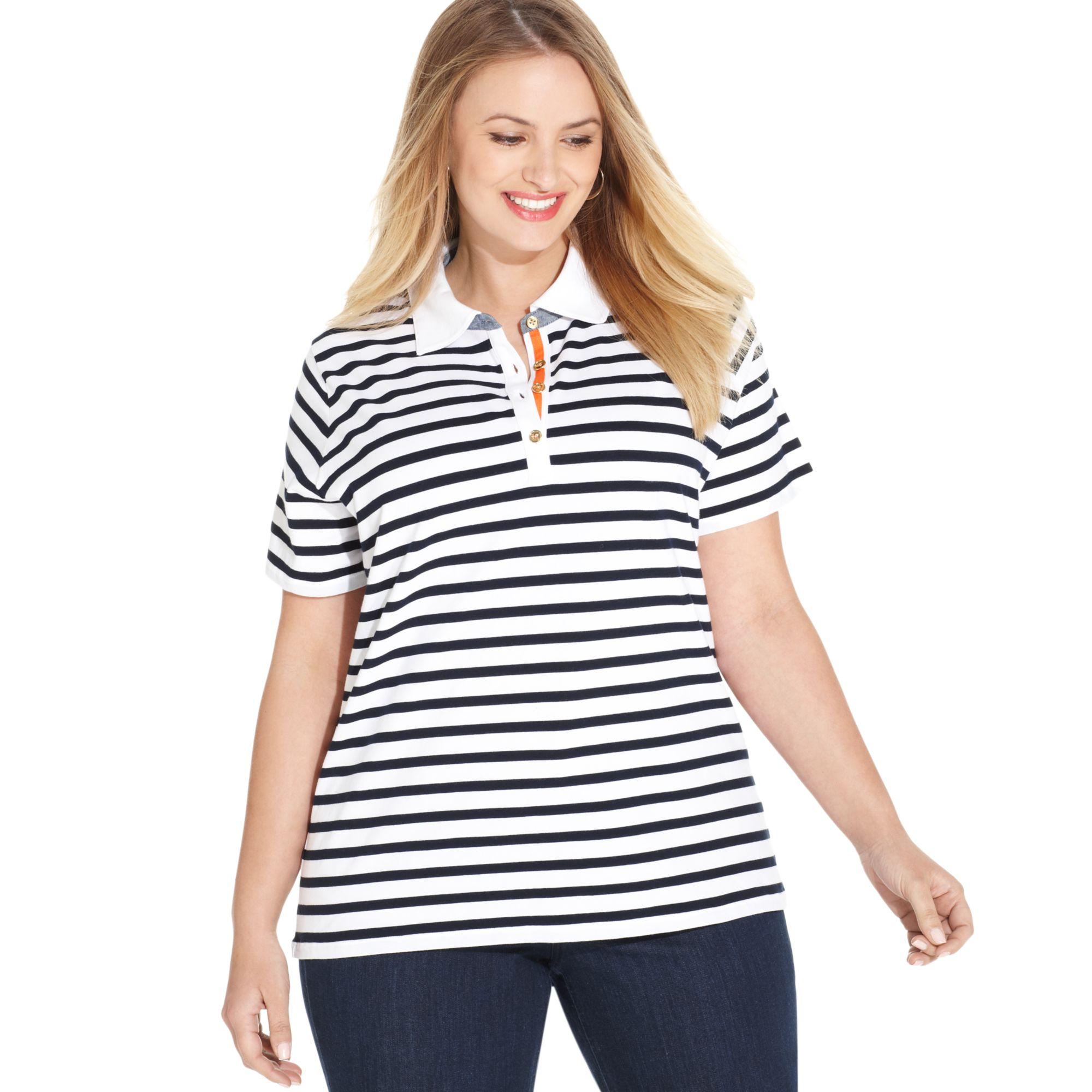Jones New York Signature Plus Size Shortsleeve Striped Polo Shirt In