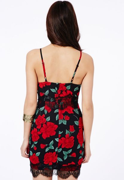 Missguided Otylia Rose Print Eyelash Lace Cami Slip Dress In Multicolor