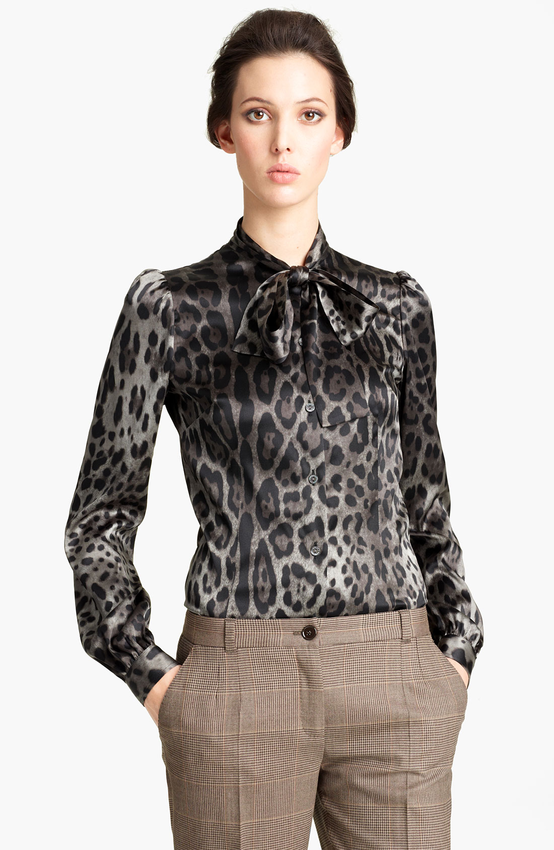 Dolce And Gabbana Stretch Satin Blouse In Black Grey Leopard Lyst