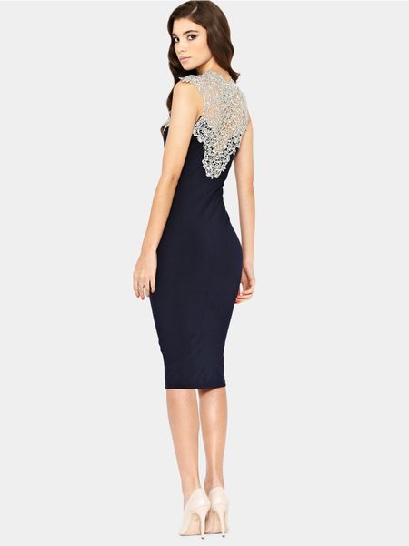Ax Paris Ax Paris Lace Neck Midi Bodycon Dress In Blue Navy Lyst