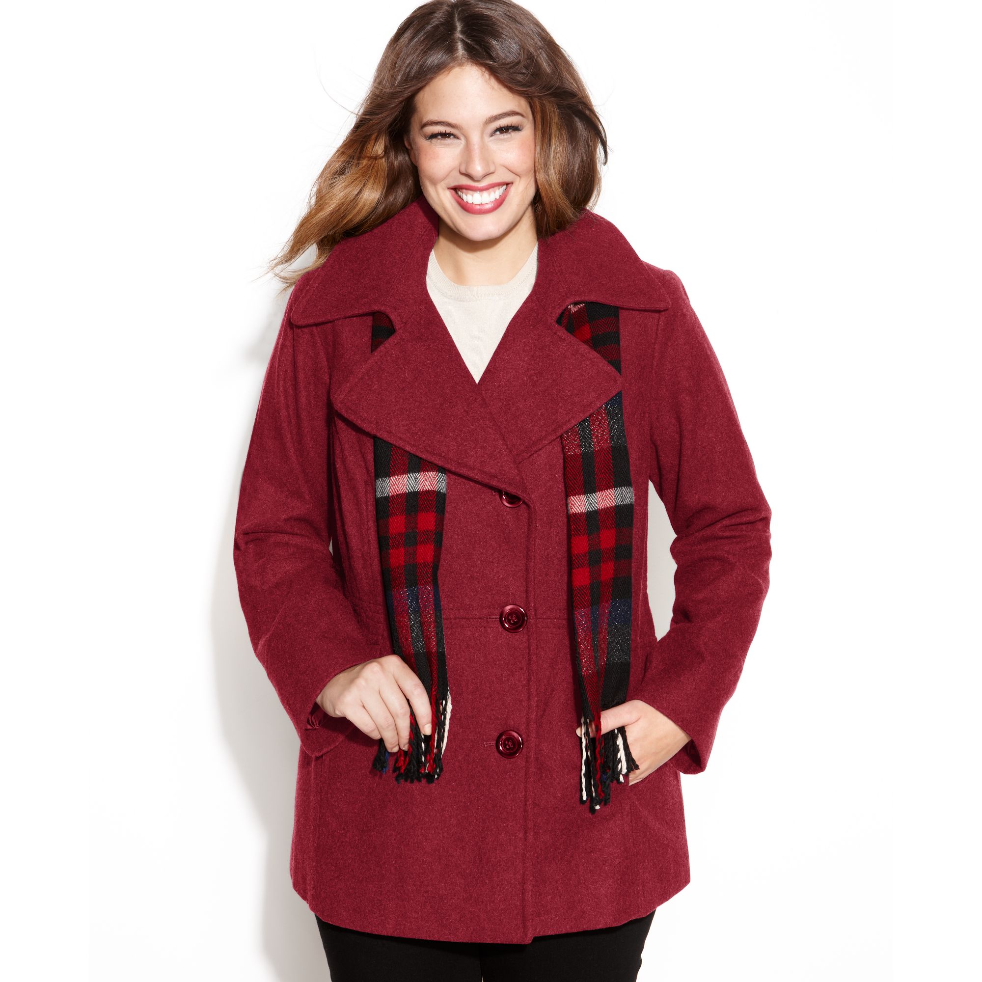 London Fog Doublebreasted Pea Coat Plaid Scarf In Red Lyst