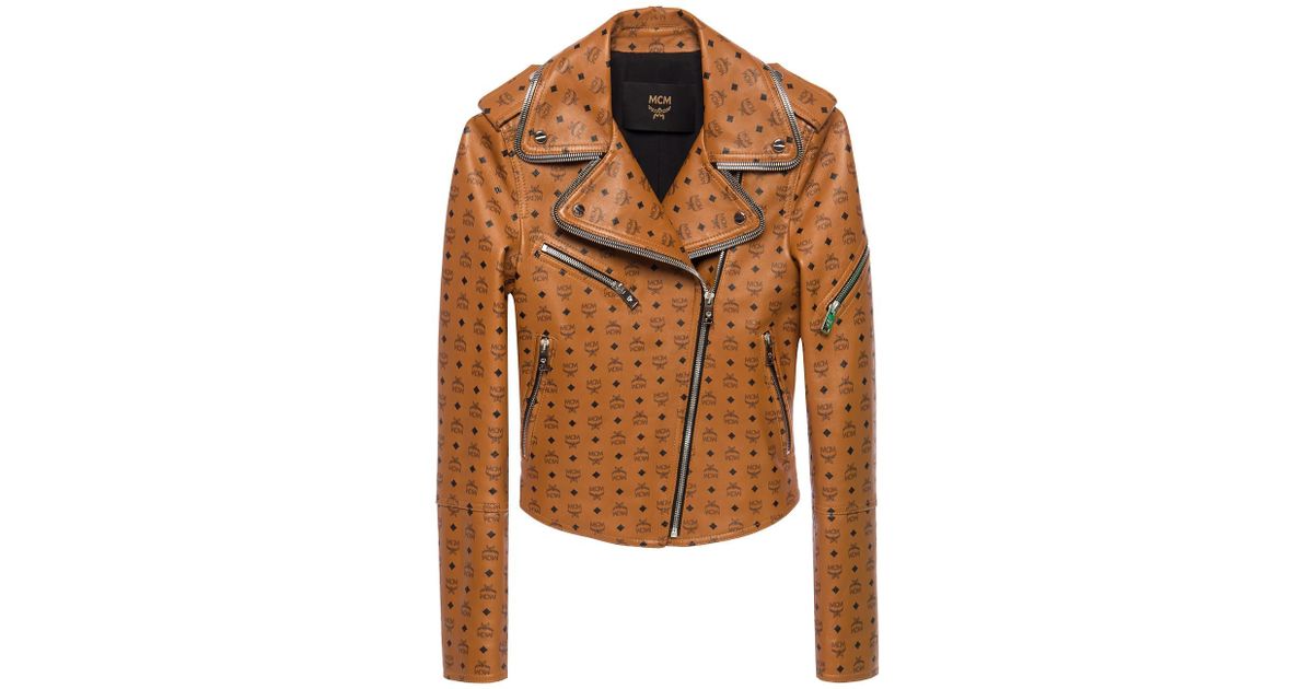 MCM Leather Jacket With Logo in Brown - Lyst