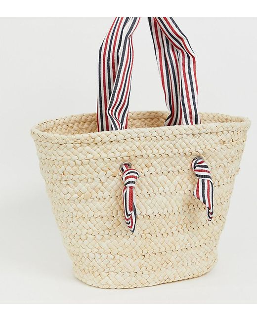 South Beach Straw Beach Bag With Striped Handle in Natural - Lyst