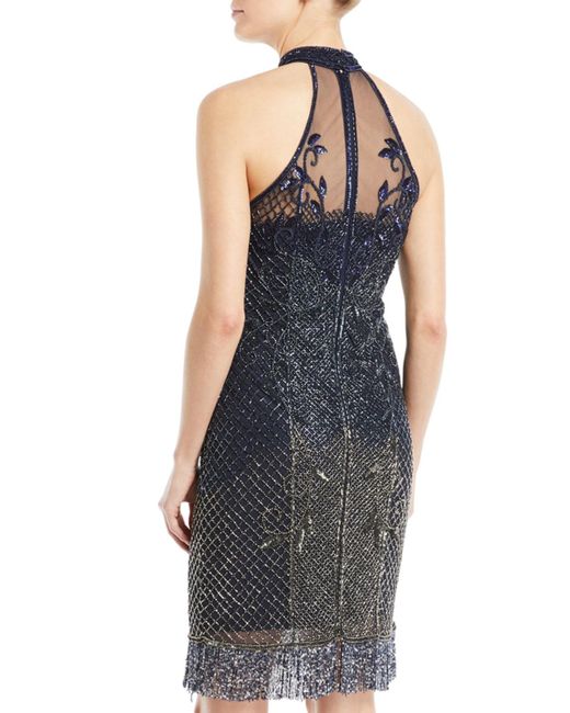 Parker Black Synthetic Polly Beaded Halter Cocktail Dress W Fringe In