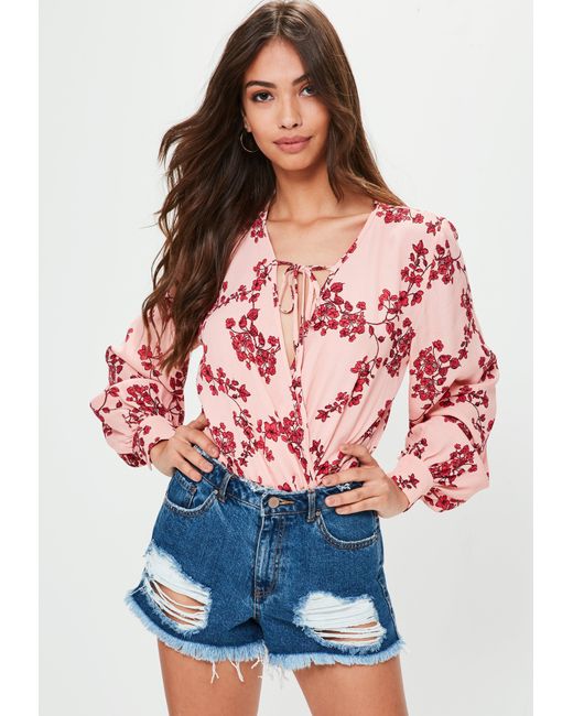 Lyst - Missguided Pink Floral Tie Front Bodysuit in Pink Lyst - Missguided Pink Floral Tie Front Bodysuit in Pink