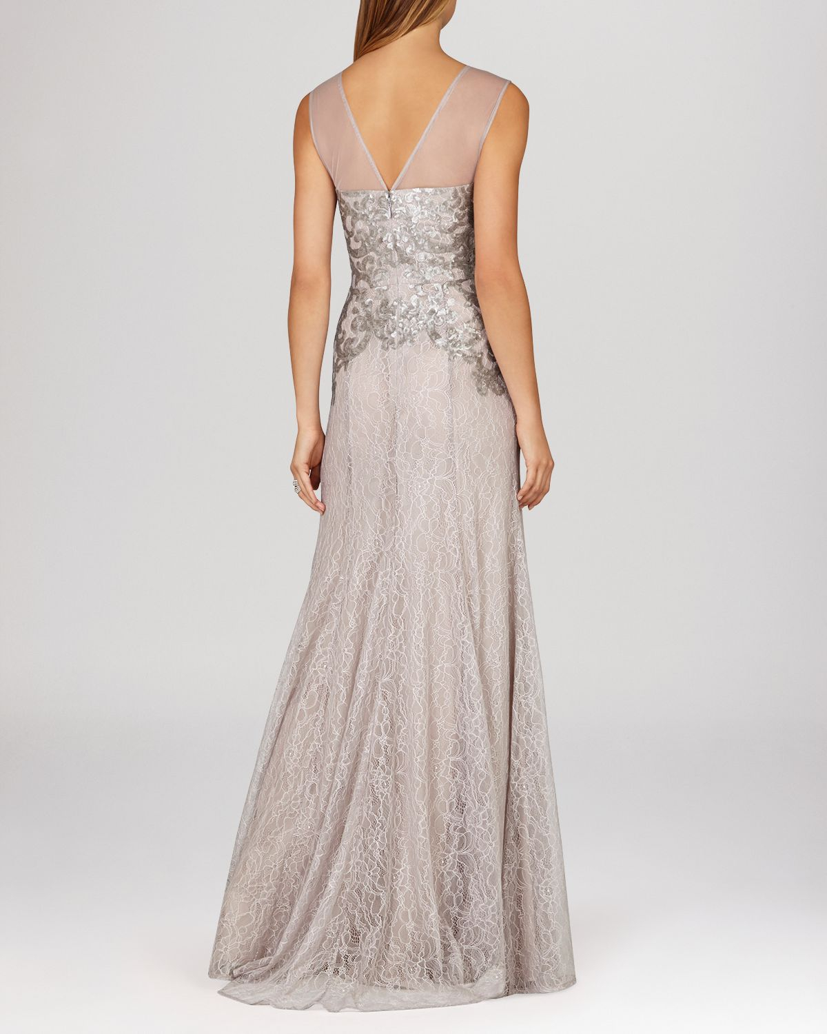 Bcbgmaxazria Gown Julea Sleeveless Illusion Neck Metallic Sequin Lace