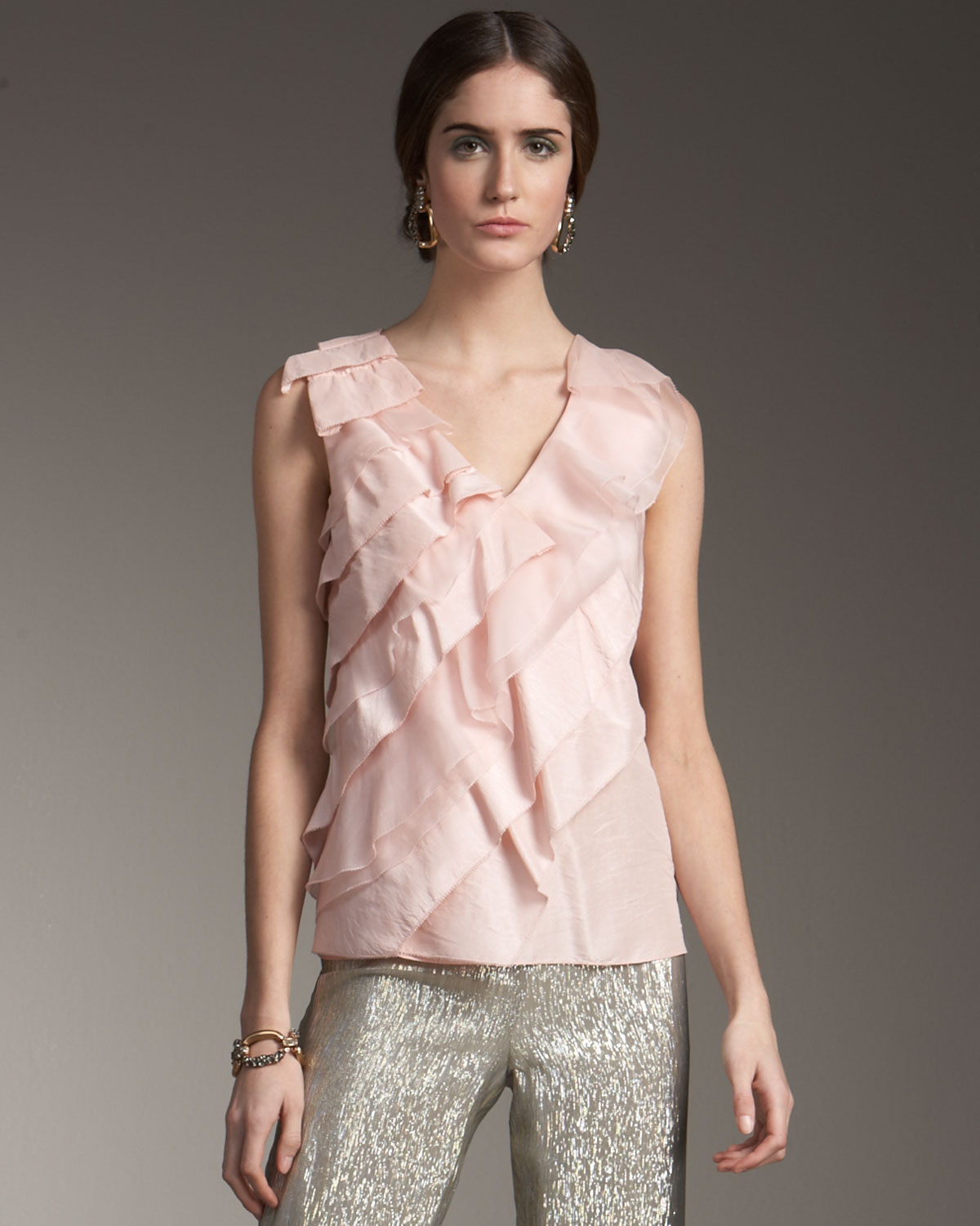 Oscar de la renta Ruffle Blouse in Pink | Lyst
