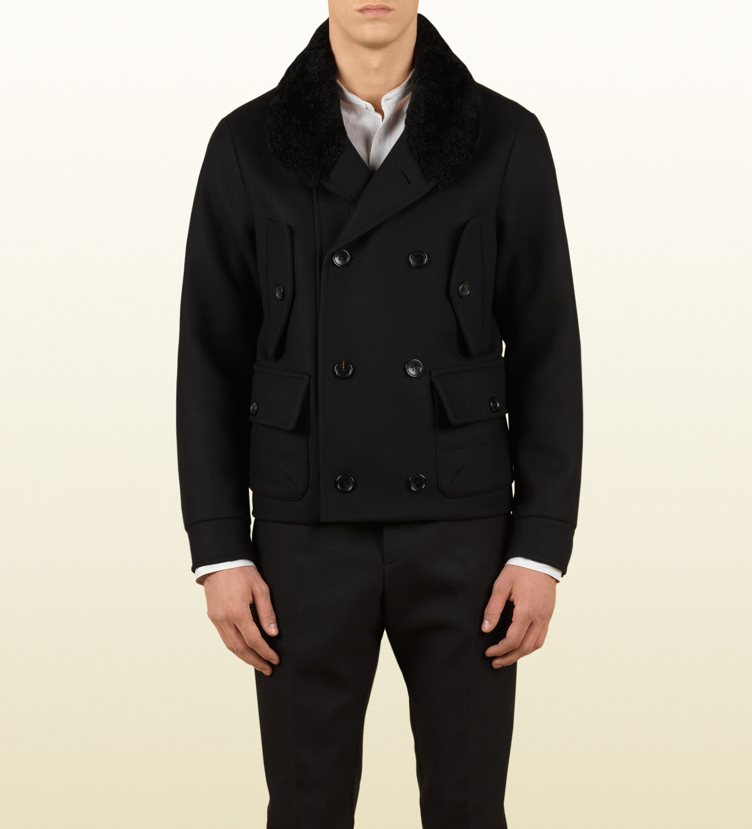 Gucci Black Felt Caban Coat with Shearling Collar in Black for Men | Lyst