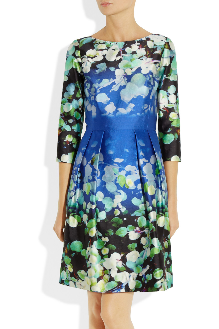 Oscar De La Renta Floral Print Silk Blend Mikado Dress In Blue Lyst