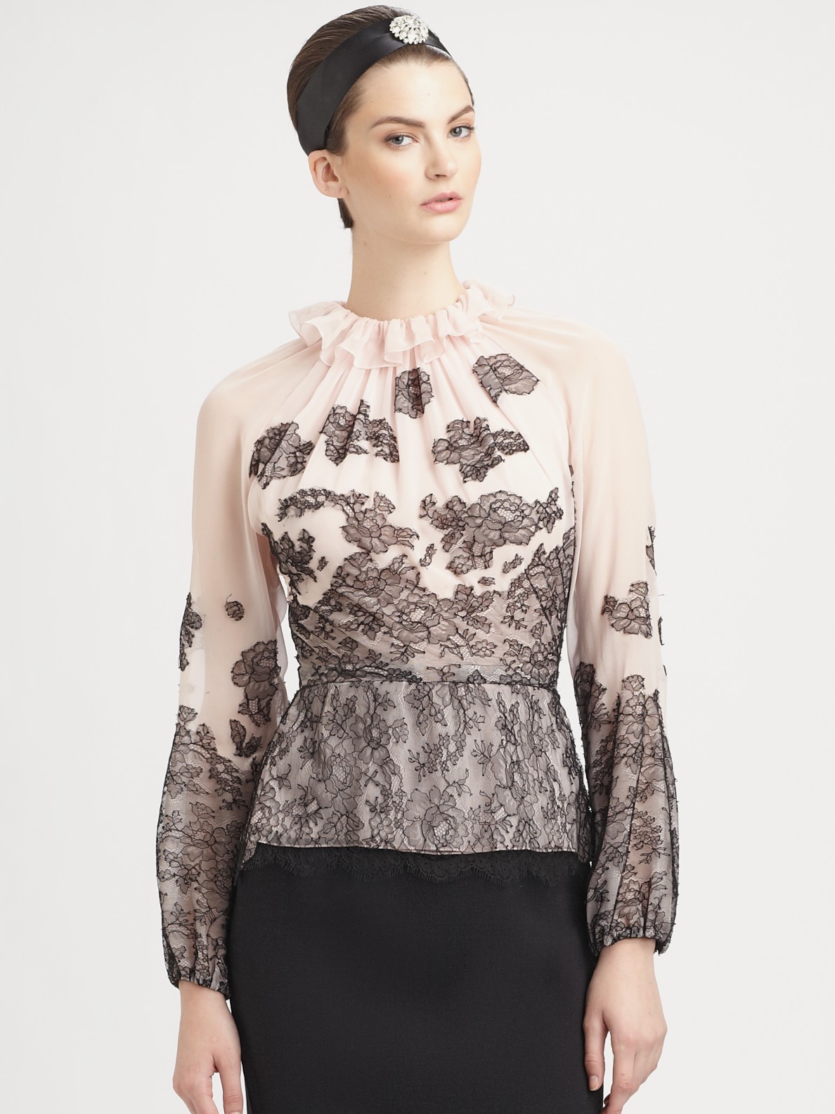 Oscar de la renta Lacetrimmed Silk Blouse in Natural | Lyst