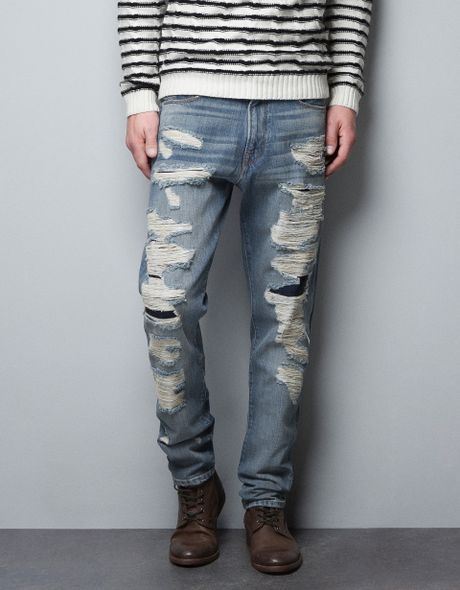 Zara Ripped Jeans with No Pockets in Blue for Men (mid blue) | Lyst