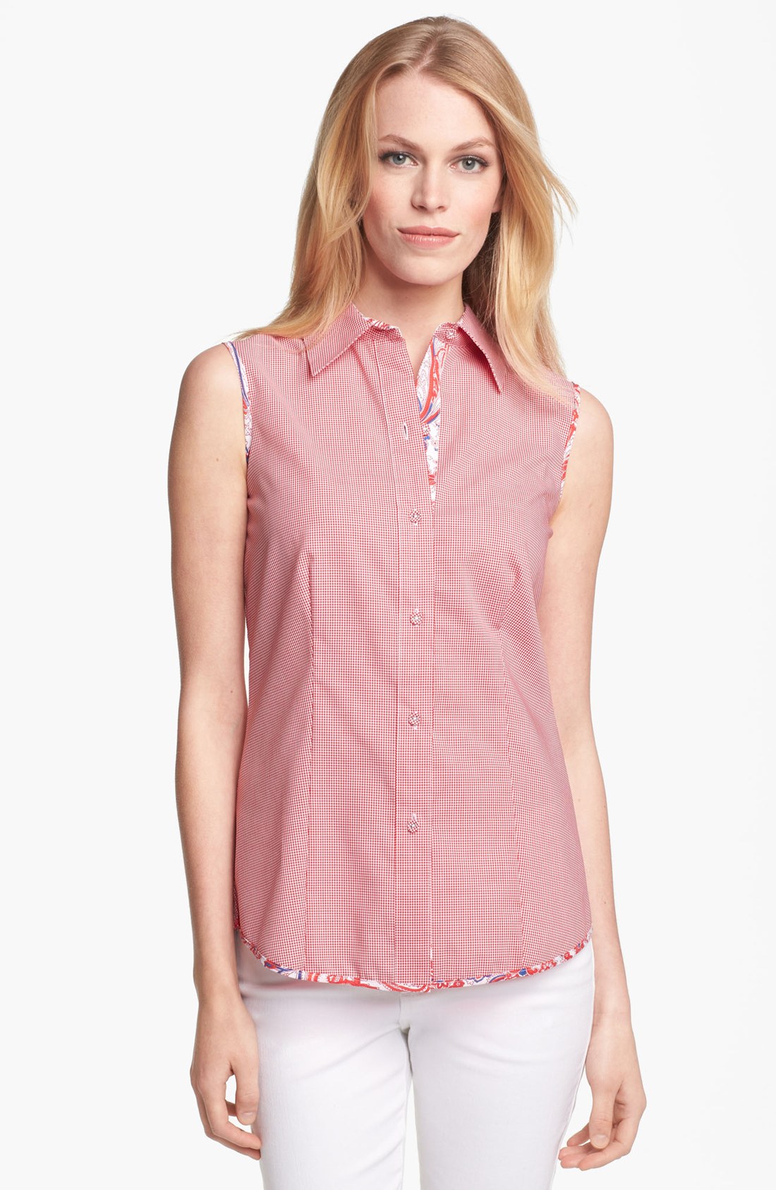 Foxcroft Mini Gingham Sleeveless Shirt Petite in Pink (firecracker red ...