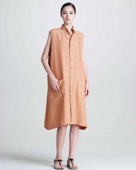 Eskandar Womens Sleeveless Aline Linen Buttonfront Dress in Orange | Lyst