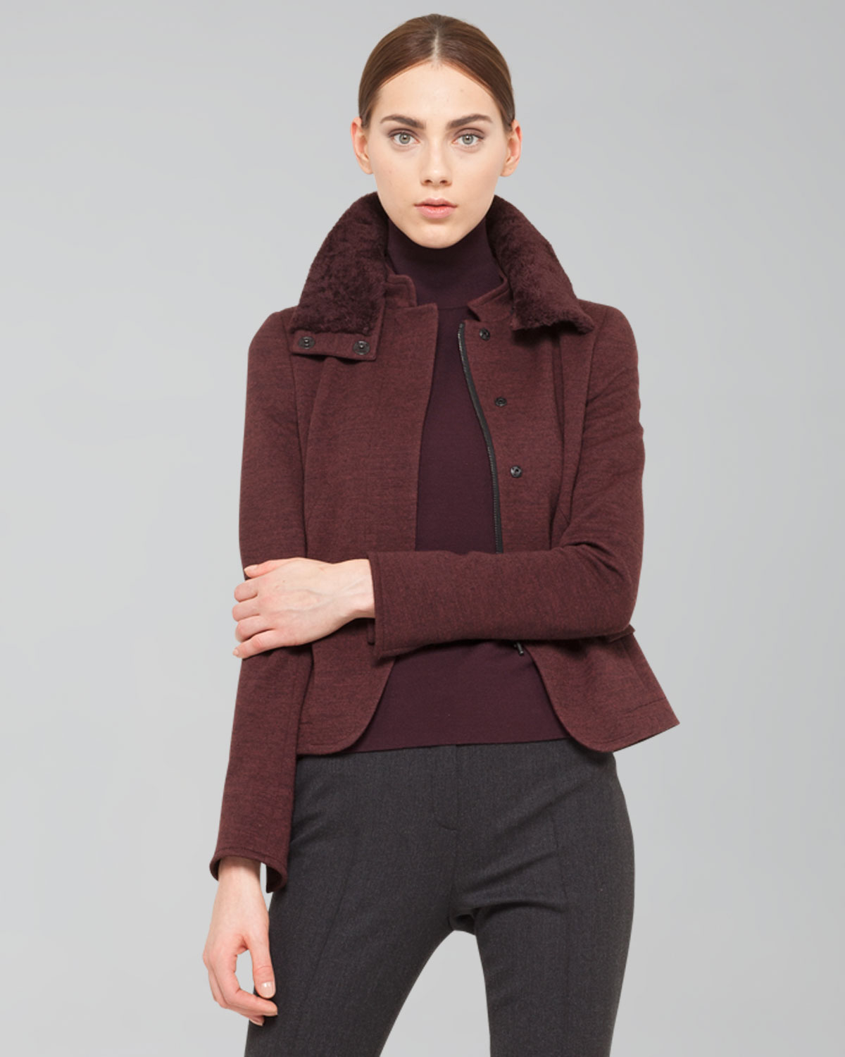 Lyst - Akris Punto Wool Jersey Jacket with Detachable Fur Collar Wine ...