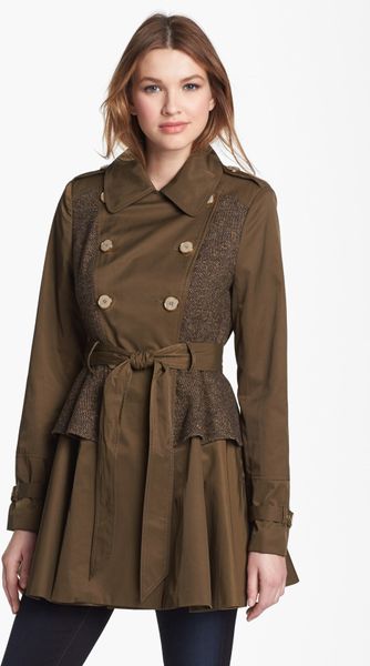 Steve Madden Tweed Panel Peplum Trench Coat in Khaki (Olive) | Lyst
