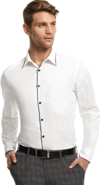Kenneth Cole Reaction Long Sleeve Dressy Contrast Trim Shirt in Beige ...