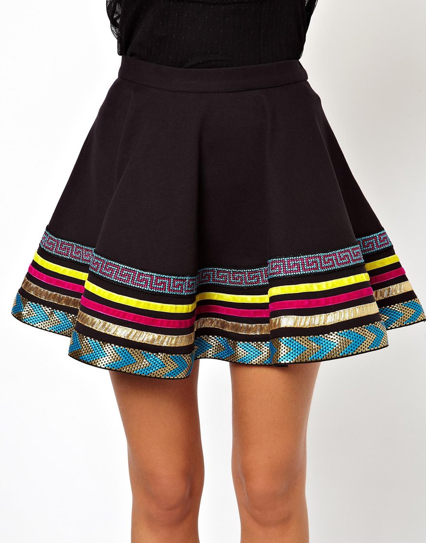 Lyst Asos Skater Skirt With Appliquã© Ribbon Hem In Black