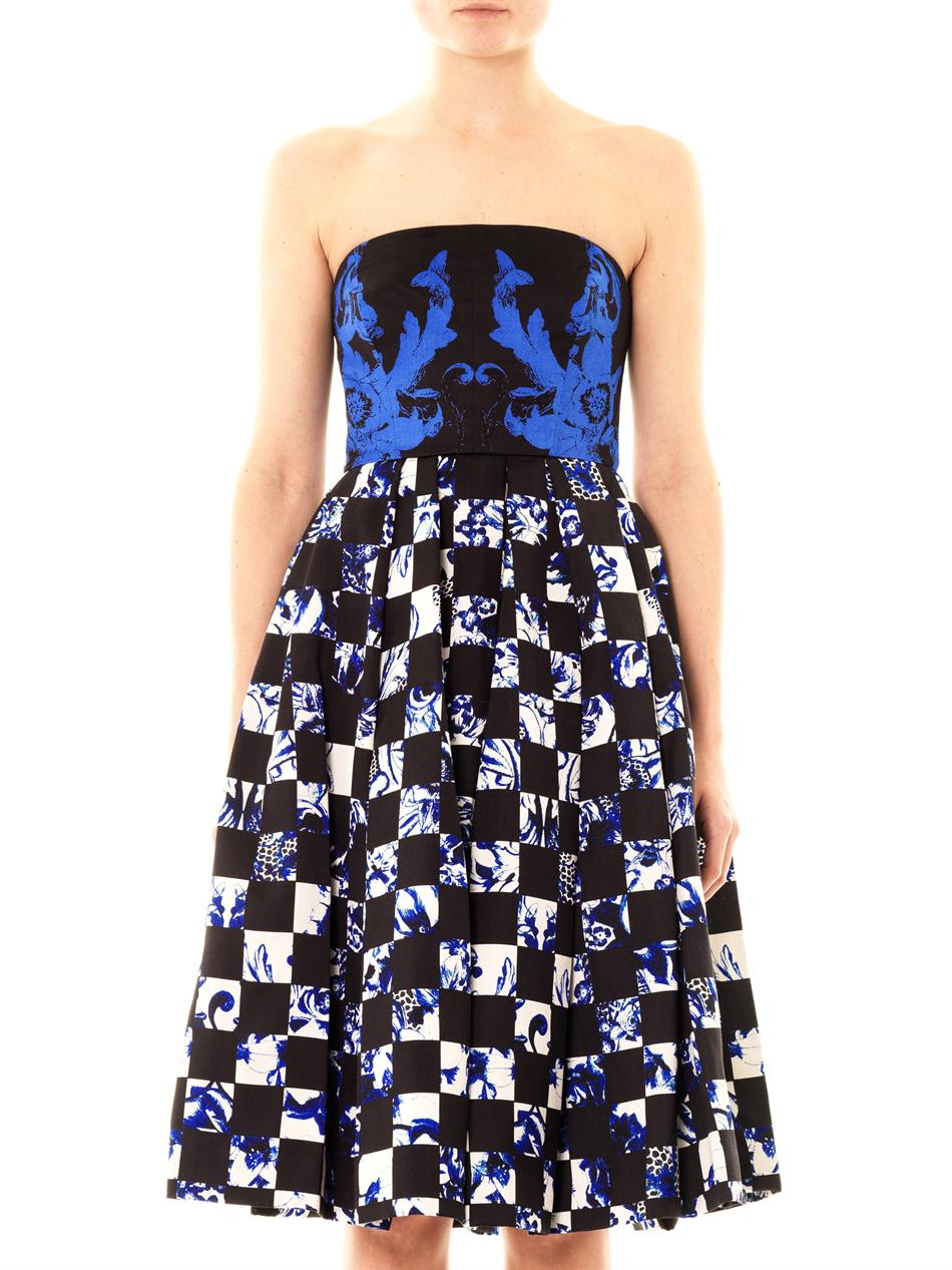 Lyst - Tibi Rococo Check Print Strapless Dress in Blue