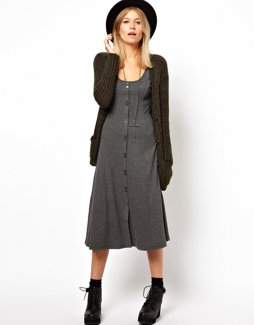 Lyst Asos Midi Skater Dress In Rib With Button Front In Gray