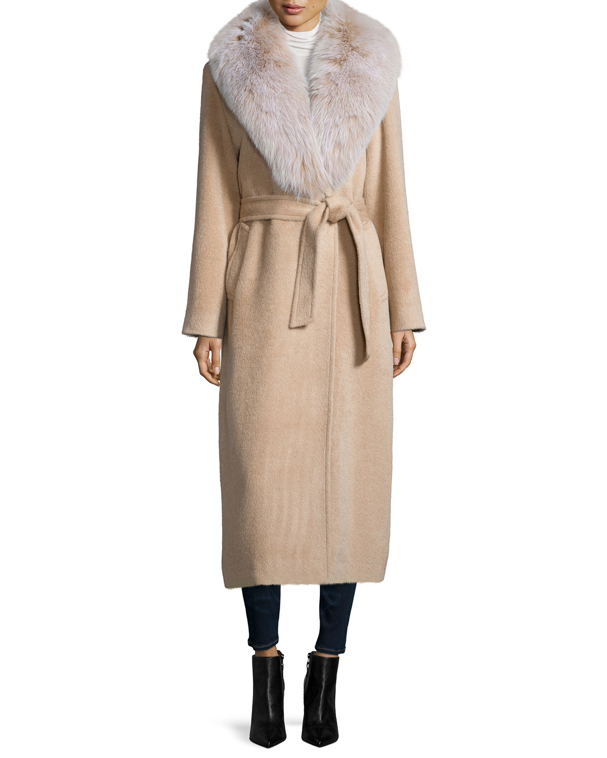 Sofia Cashmere Long Alpaca-blend Wrap Coat W/ Fox Fur Collar in Natural ...
