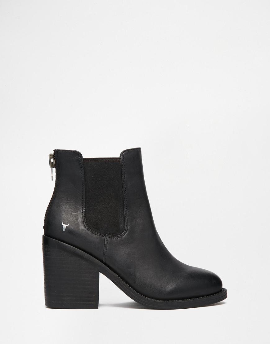 Windsor Smith Mary Black Leather Zip Back Heeled Ankle Boots in Black ...