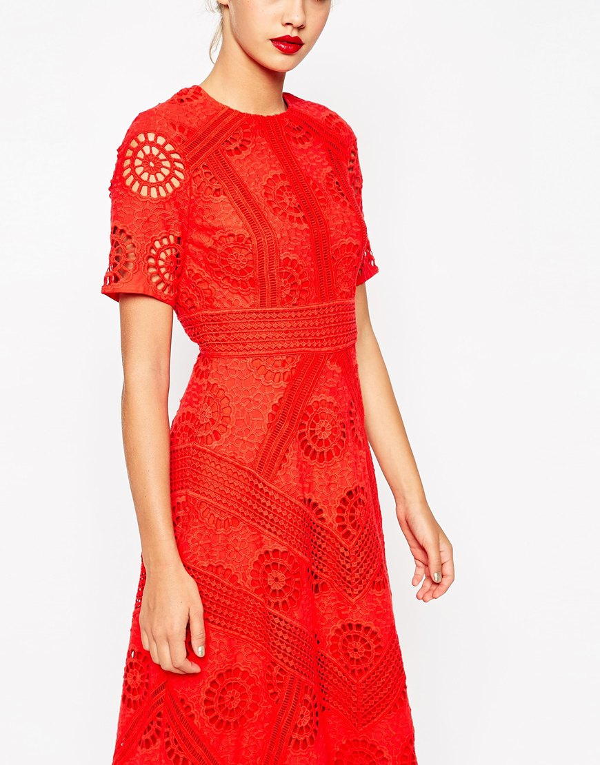 Lyst Asos Premium Midi Skater Dress In Lace In Red