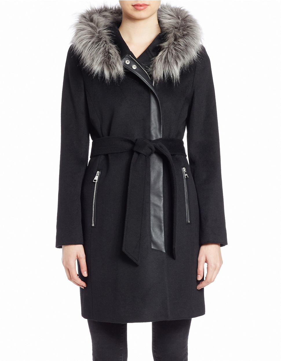 Karl lagerfeld Faux Fur-trimmed Wool-blend Coat in Black | Lyst