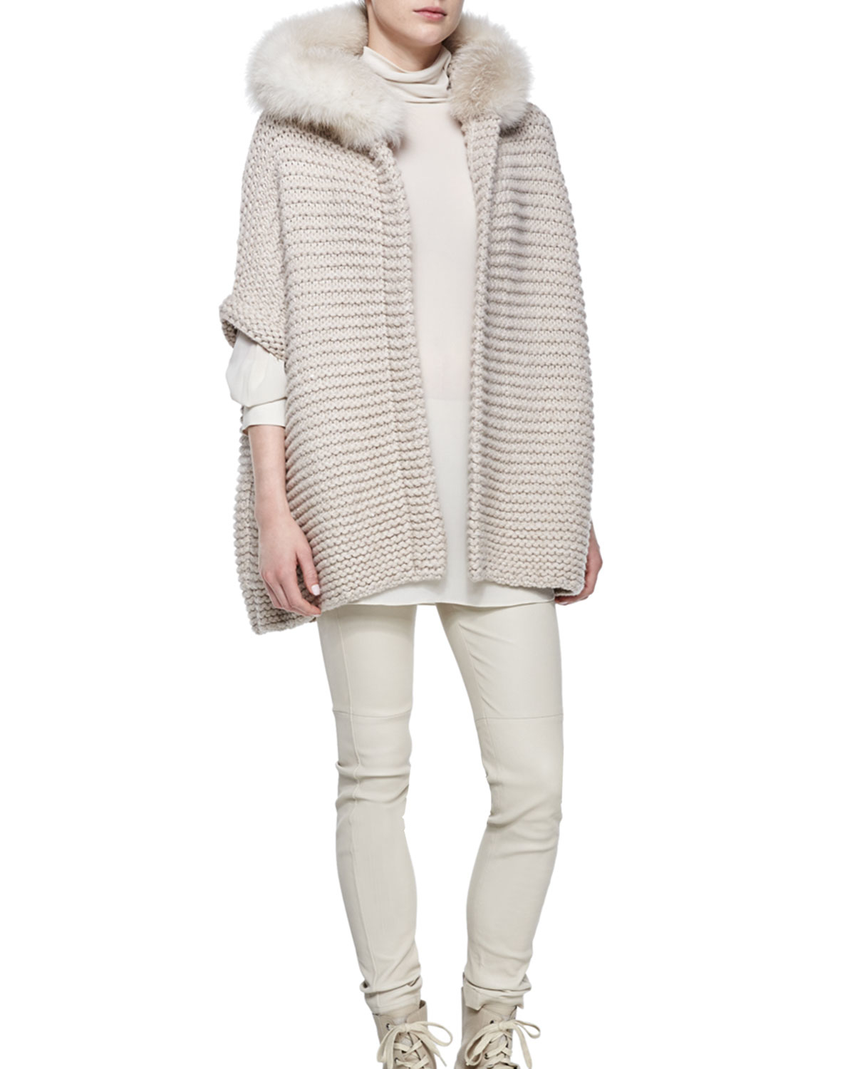 Brunello cucinelli Fox Fur Trimmed Hooded Cashmere Poncho in White | Lyst