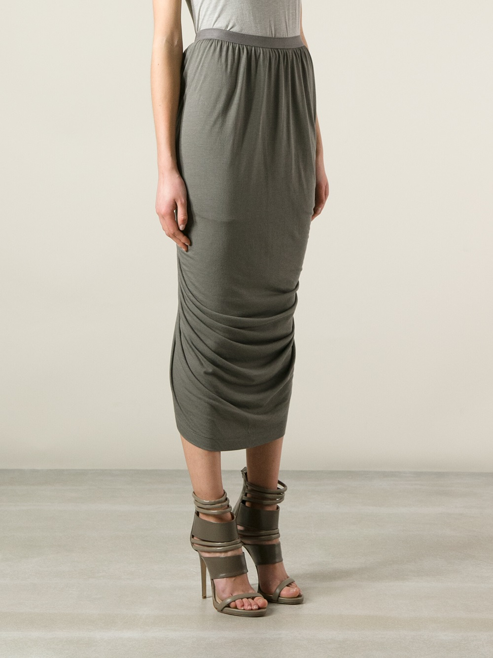 Rick owens lilies Ruched Back Midi Skirt in Gray | Lyst