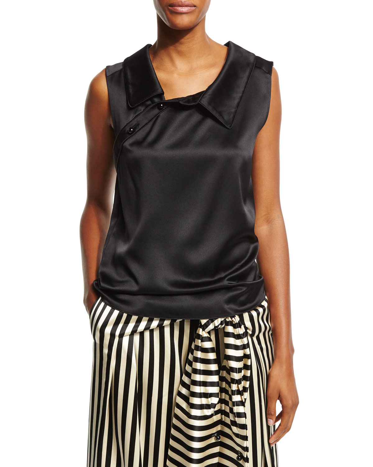 Monse Sleeveless Silk Asymmetric-neck Top in Black | Lyst
