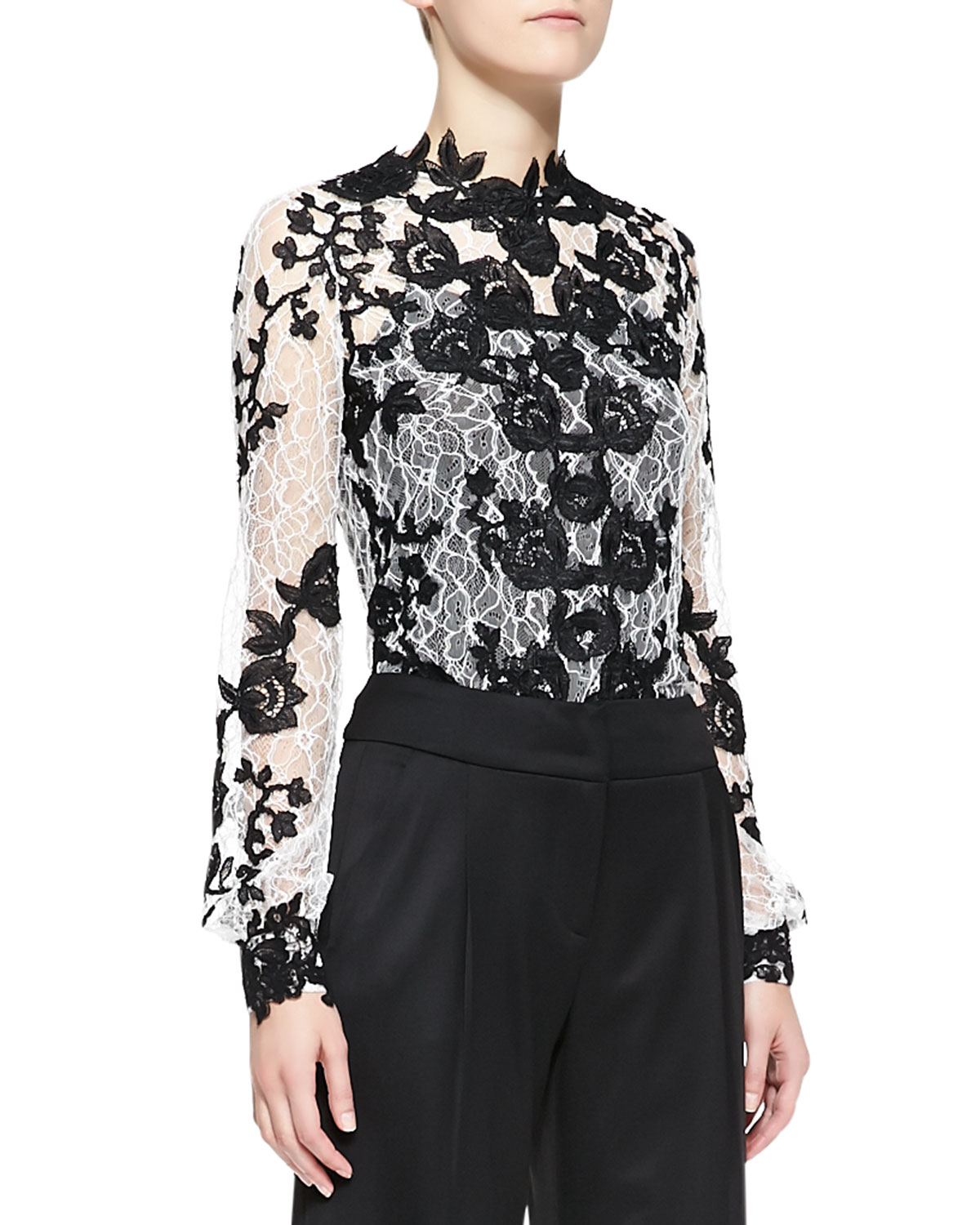 Lyst - Oscar de la renta Longsleeve Embellished Lace Blouse