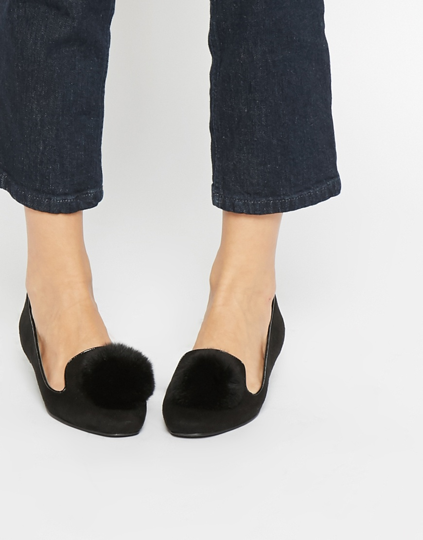 Lost Ink Pom Pom Flat Shoes in Black - Lyst
