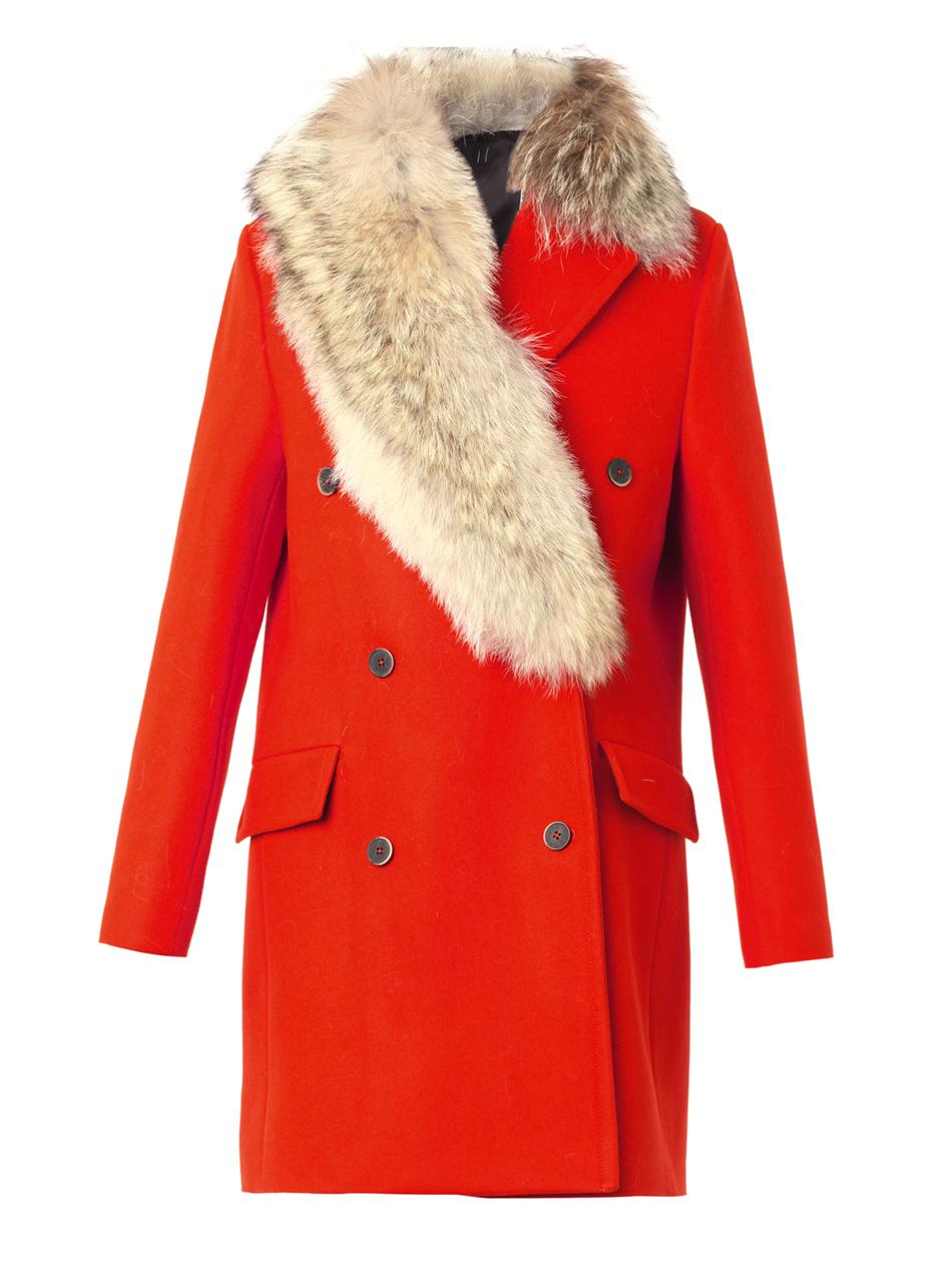 Lyst - MSGM Fur Collar Double-breasted Coat in Red