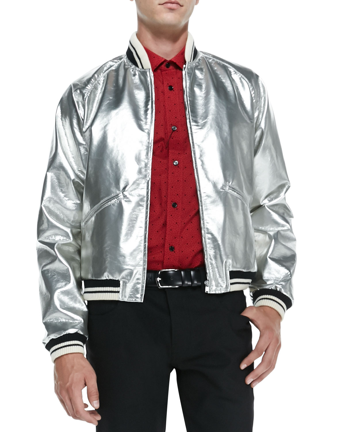Lyst - Saint Laurent Teddy Fauxpatent Bomber Jacket Silver in Metallic ...