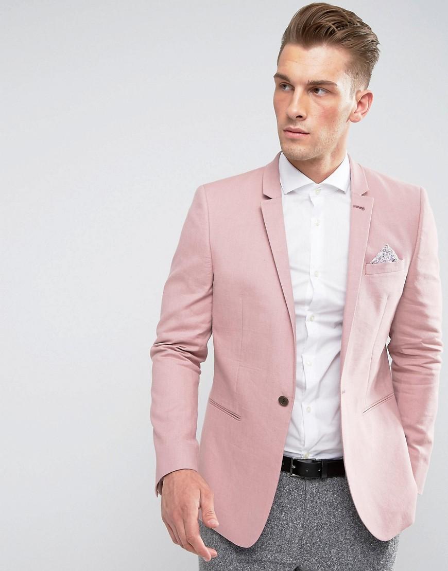 Asos Skinny Blazer In Pink Linen Blend In Pink For Men Lyst