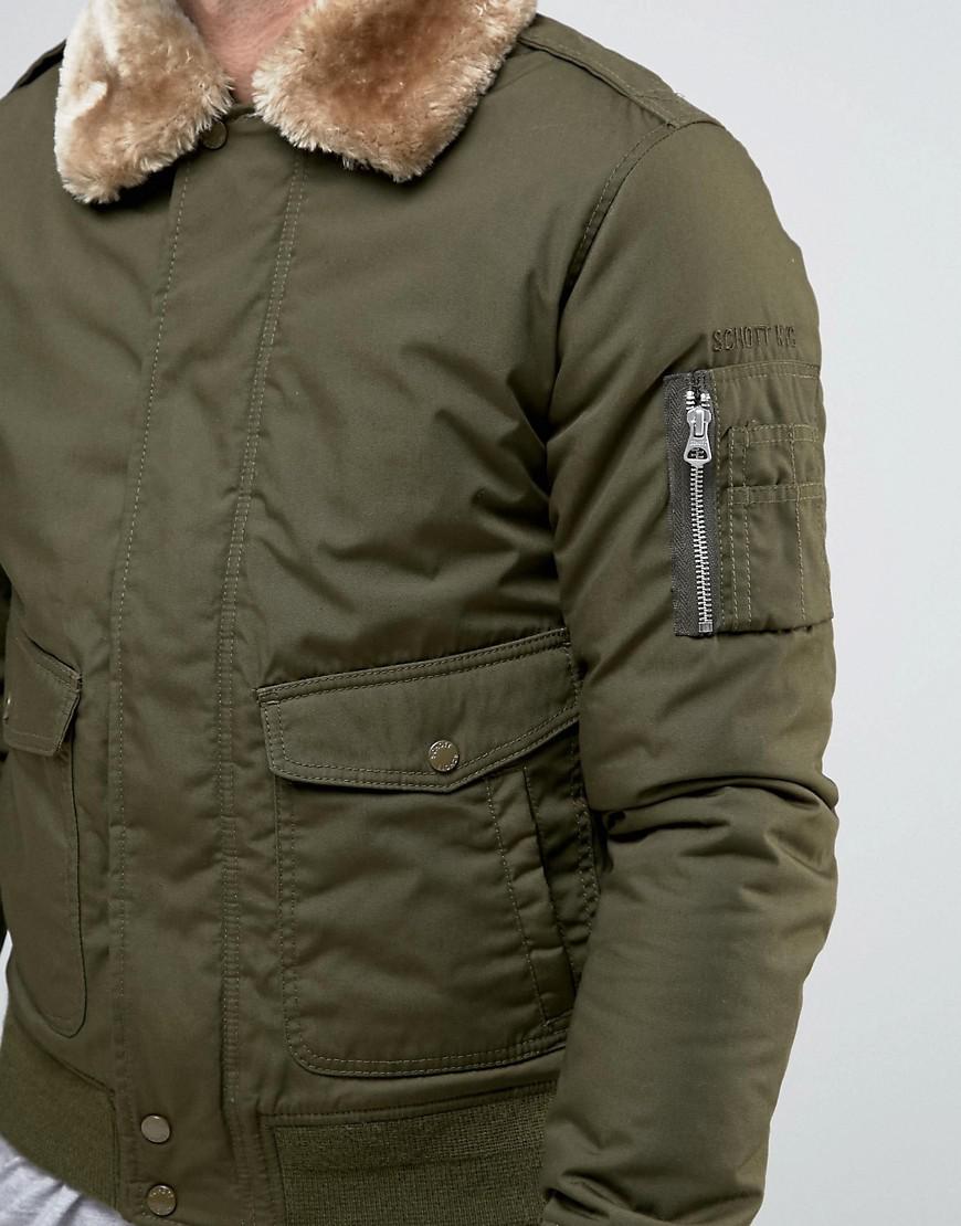 Schott Nyc Air Bomber Jacket Faux Fur Collar Exclusive in Green for Men ...