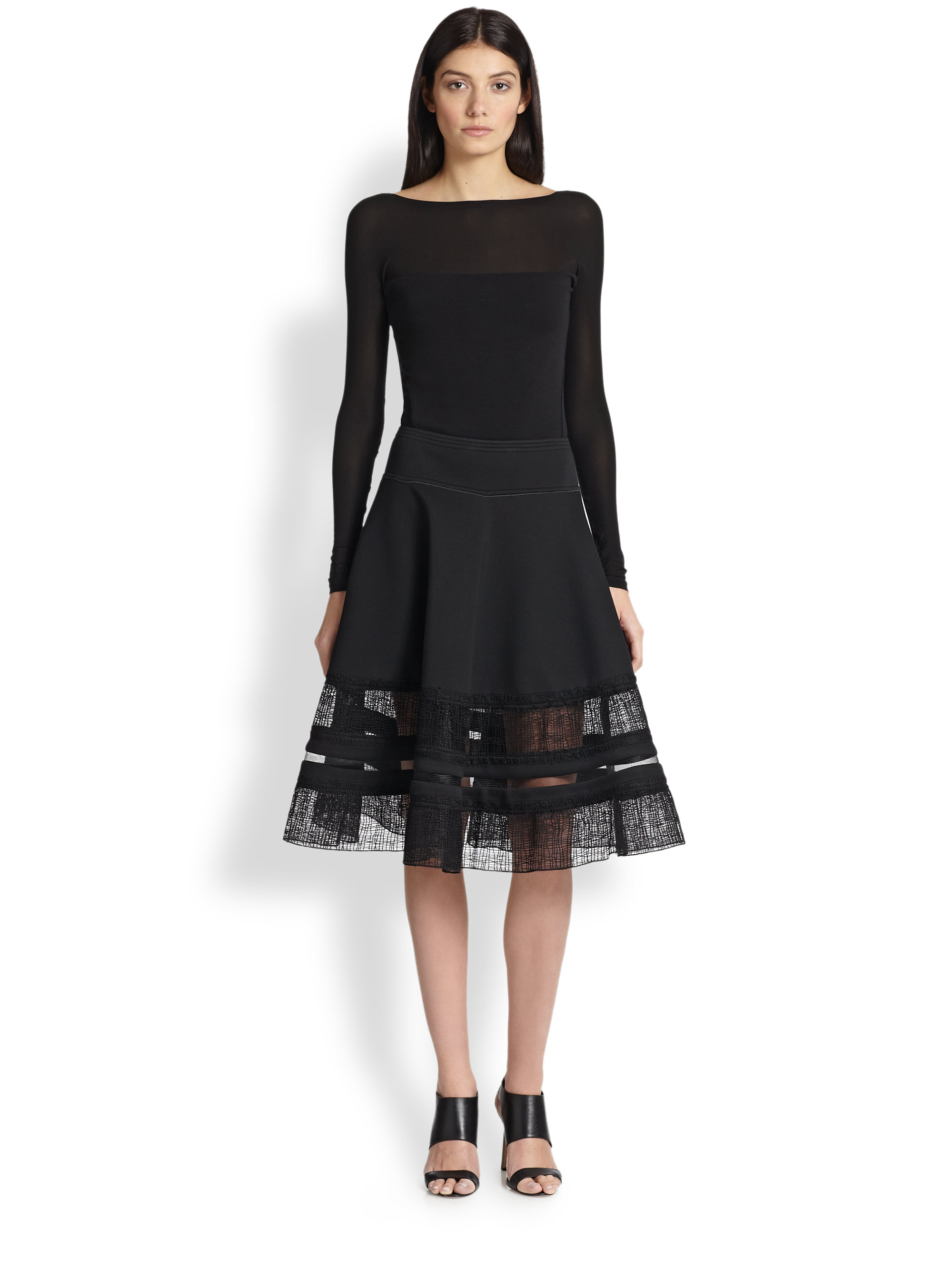 Donna karan new york Lace & Mesh-insert Circle Skirt in Black | Lyst