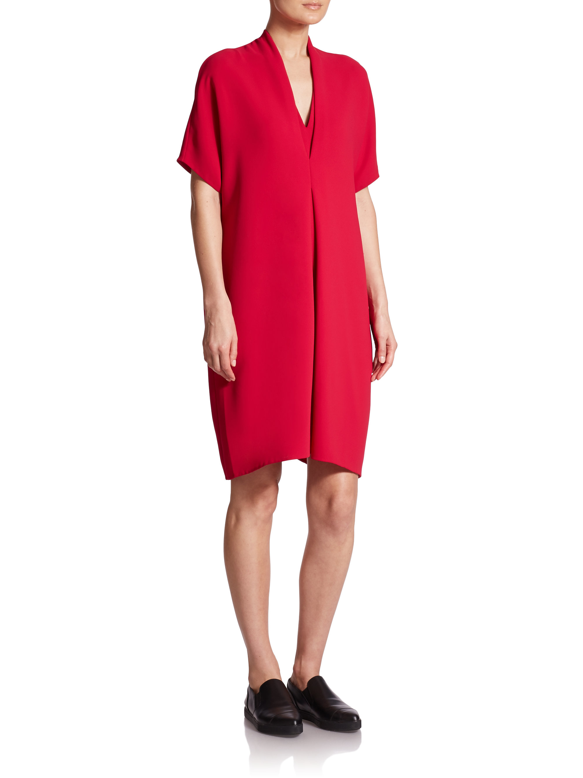 Vince Double V Neck Shift Dress In Red Lyst