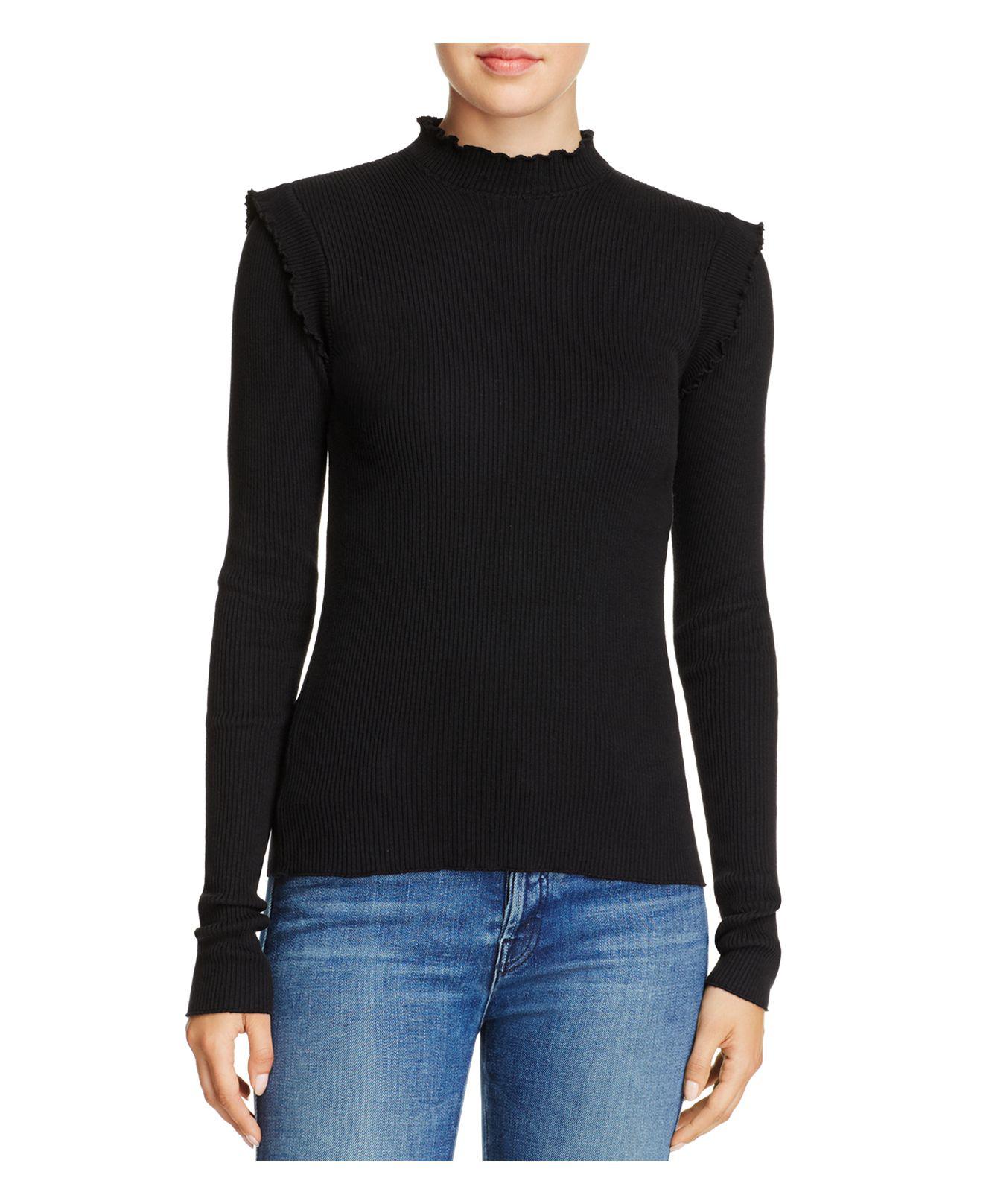 Current Elliott The Ruffle Ribbed Mock Neck Tee In Black Lyst