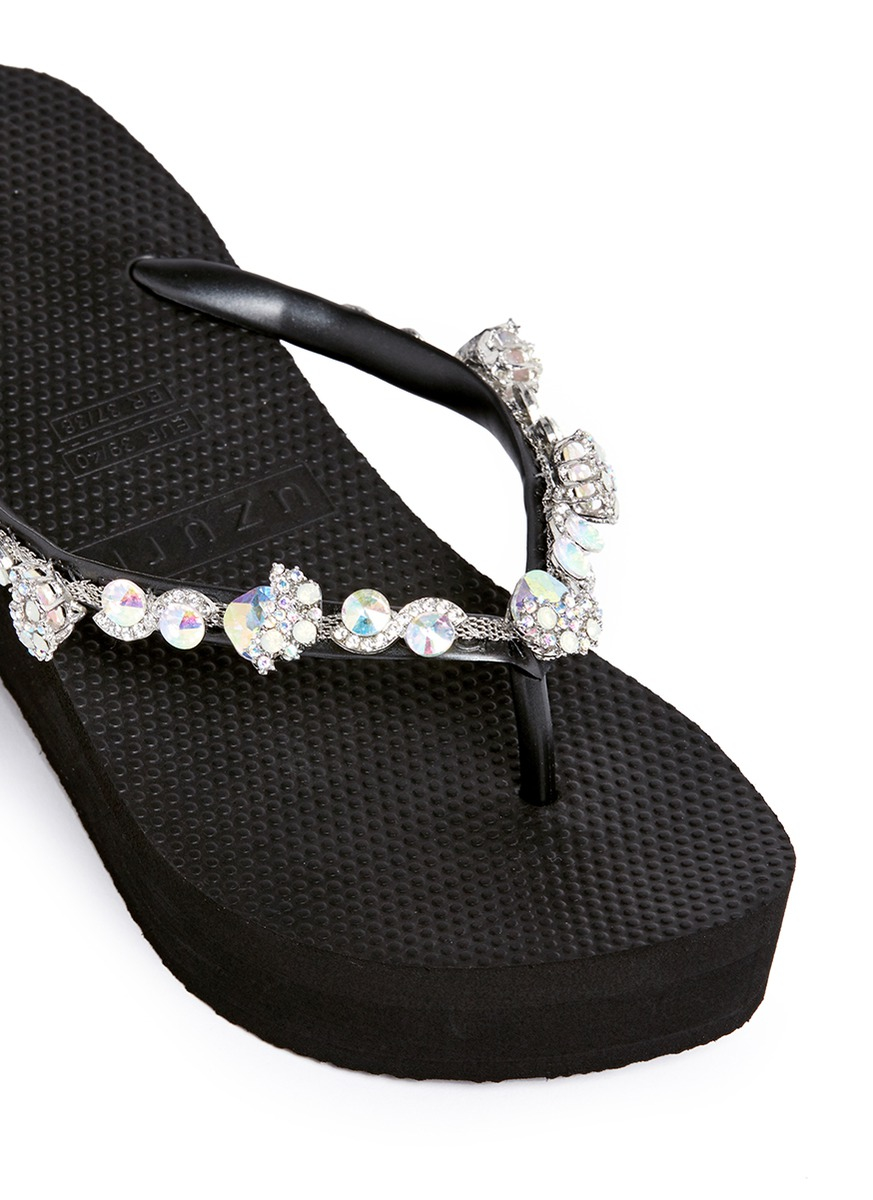Uzurii 'jenny' Crystal Wedge Flip Flops in Black | Lyst