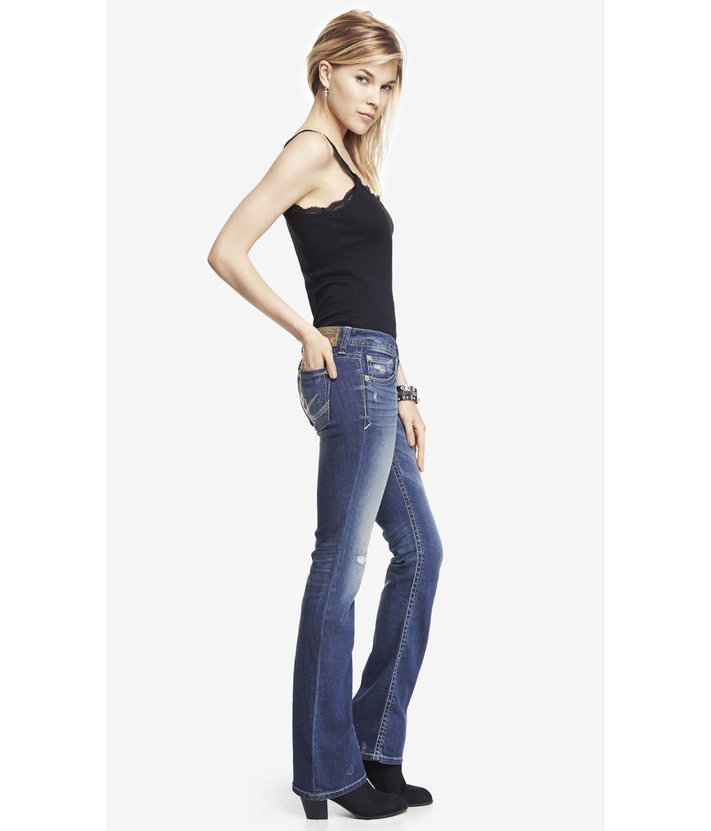 Lyst Express Ultra Low Rise Thick Stitch Boot Cut Jean In Blue