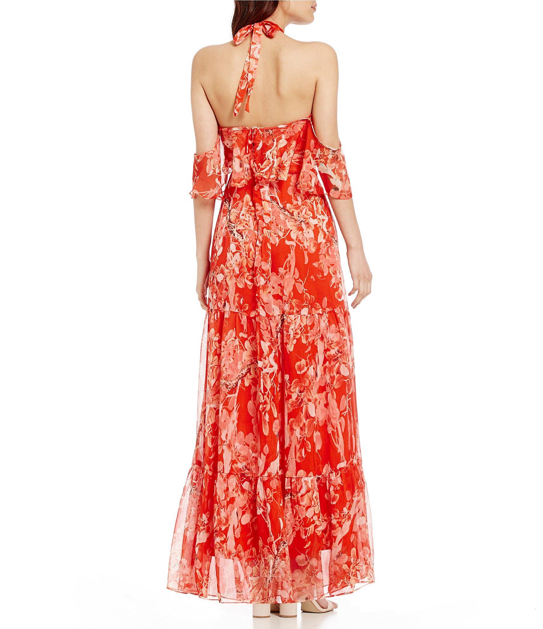 Lyst - Lucy Paris Kala Printed Ruffle Cold Shoulder Halter Maxi Dress ...