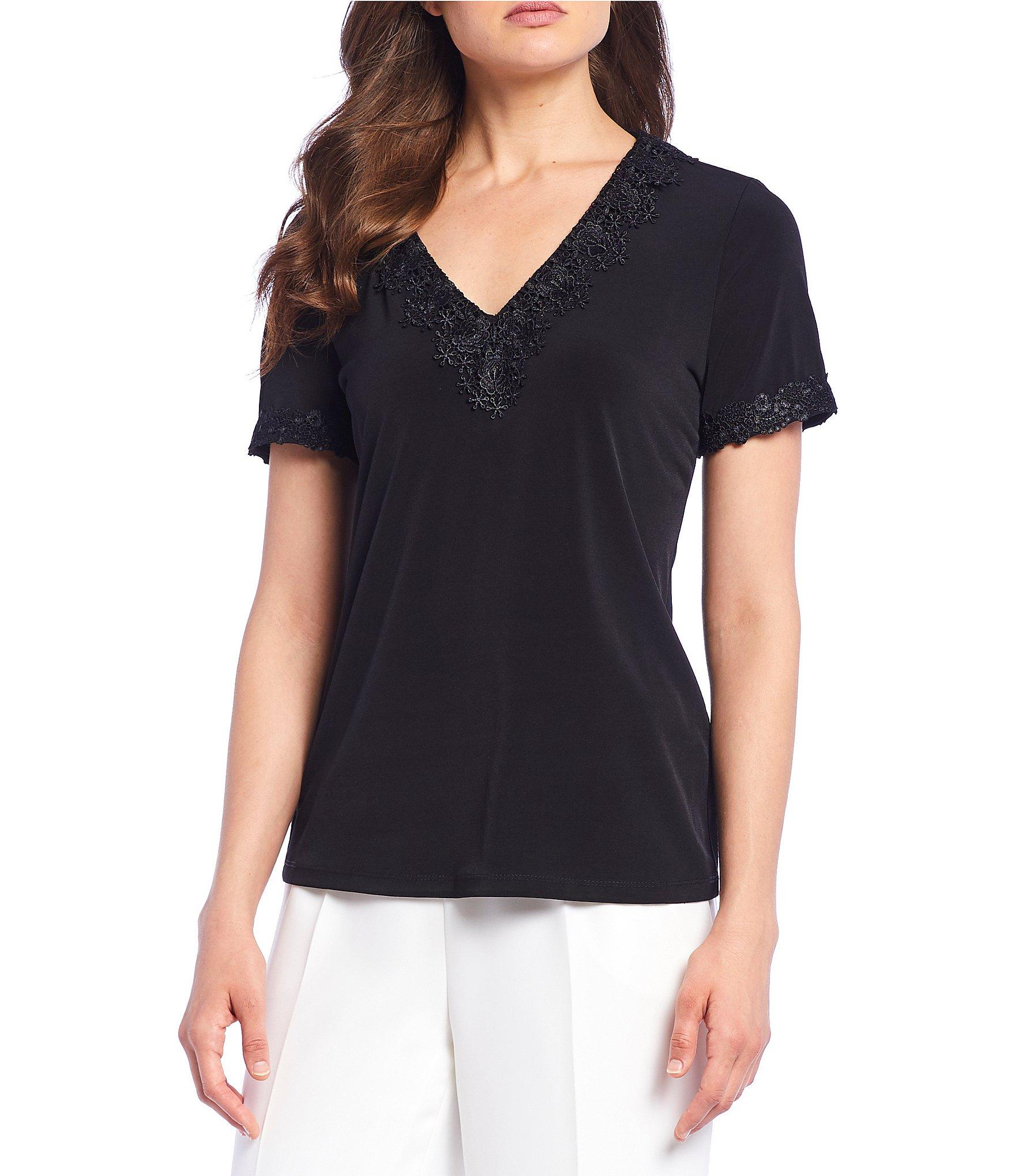 Karl Lagerfeld Jersey V-neck Short Sleeve Lace Trim Top in Black - Lyst