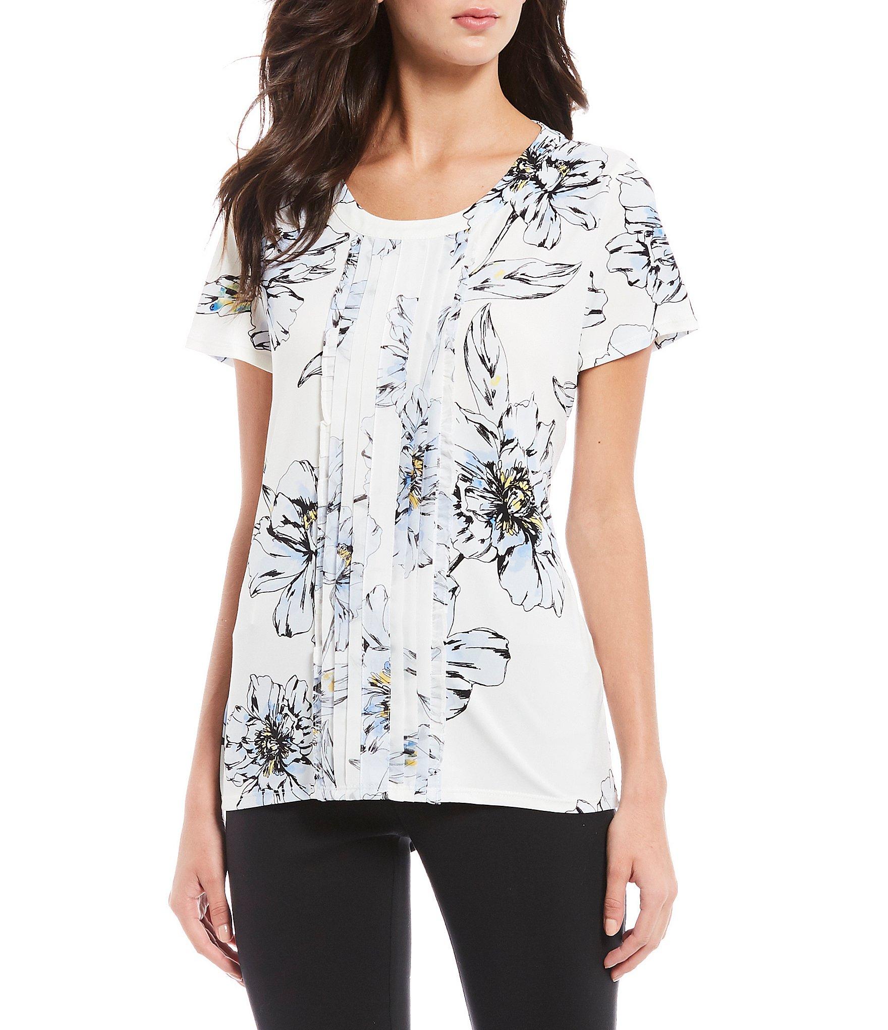 Karl Lagerfeld Floral Print Pleated Ruffle Short Sleeve Knit Top in ...