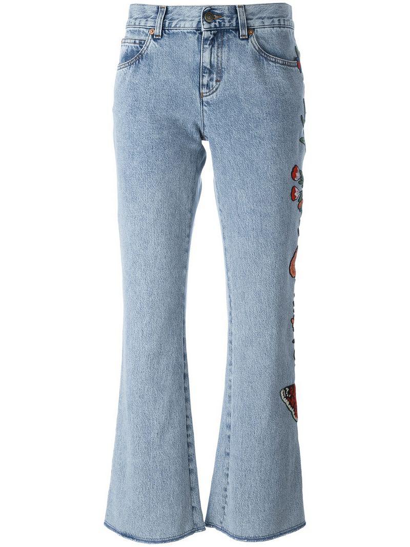 Lyst - Gucci Embroidered Flower Flared Jeans in Blue
