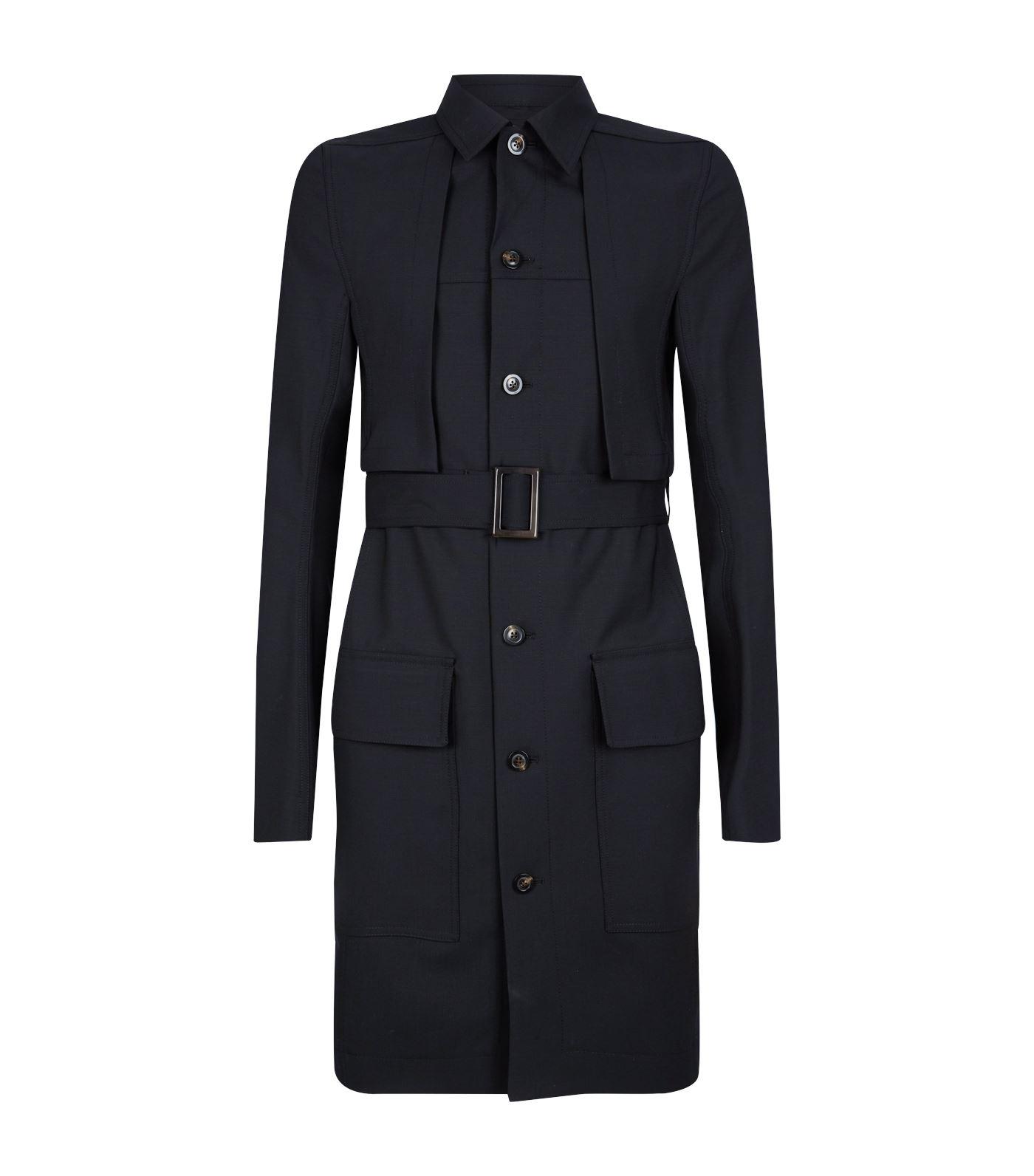 Rick Owens Wool Belted Trench Coat in Black for Men - Lyst