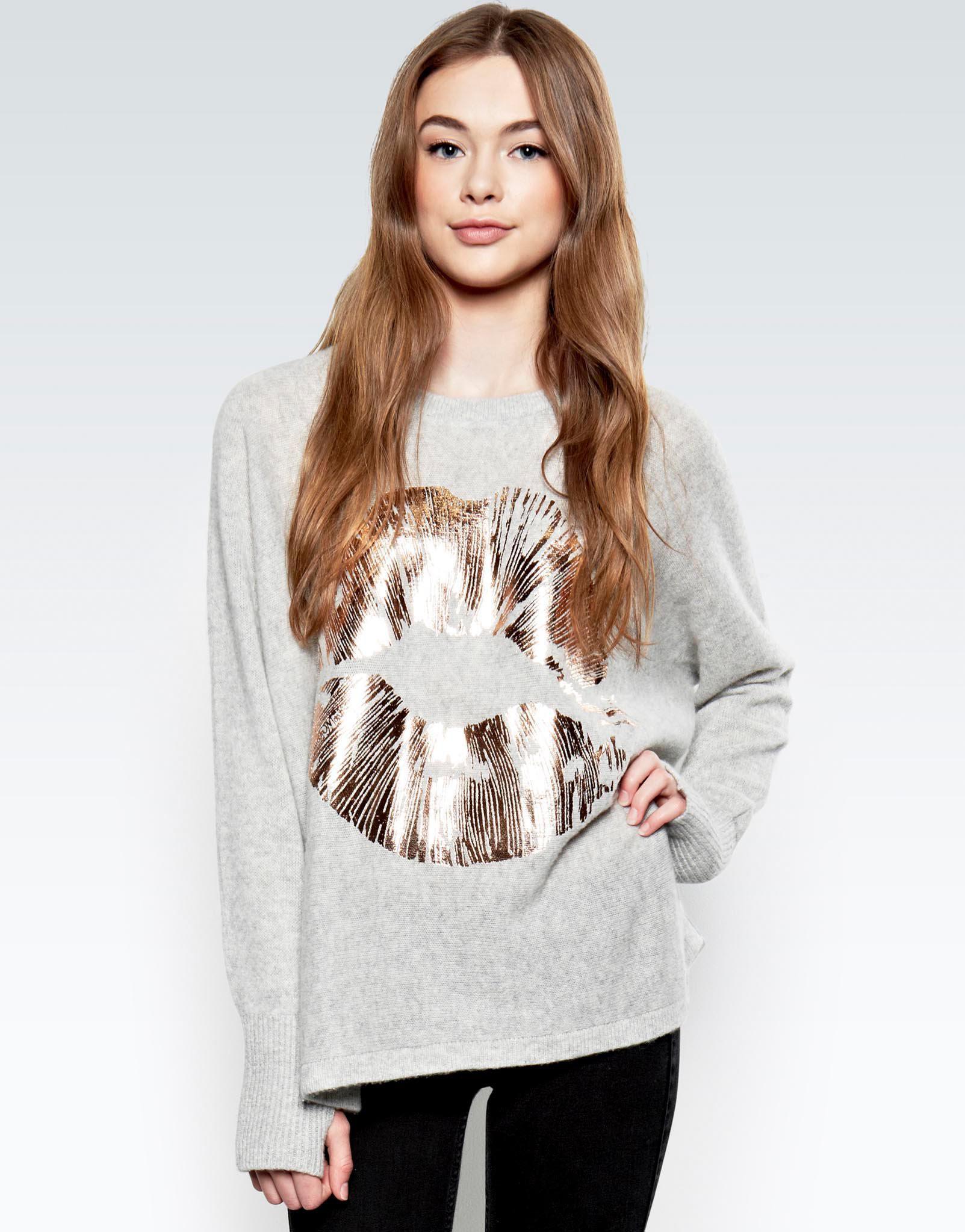 Lauren Moshi Hollis Rose Gold Foil Lip L/s Cashmere Pullover Sweater W ...