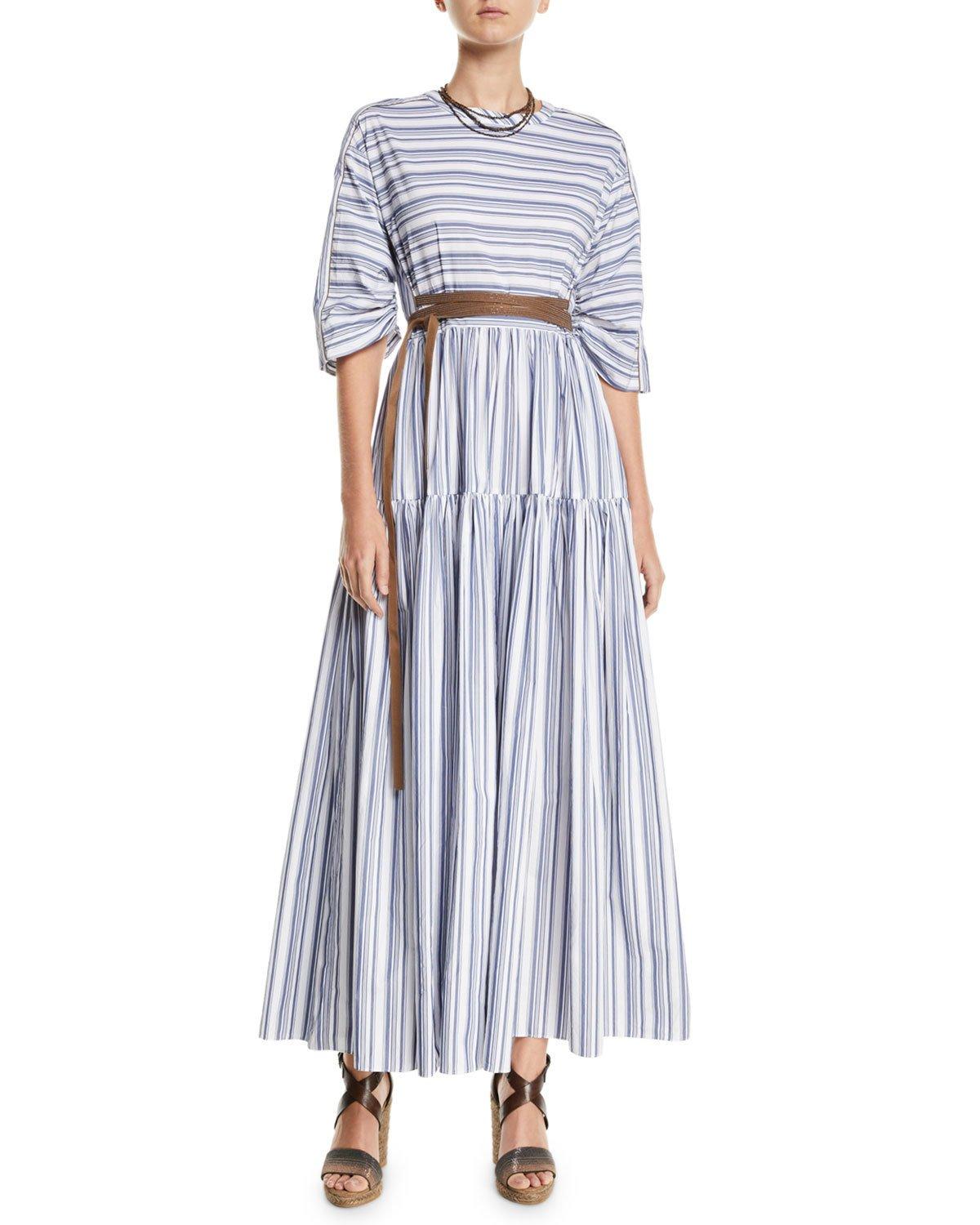 Lyst - Brunello Cucinelli 3/4-sleeve Striped Cotton Midi Dress in Blue