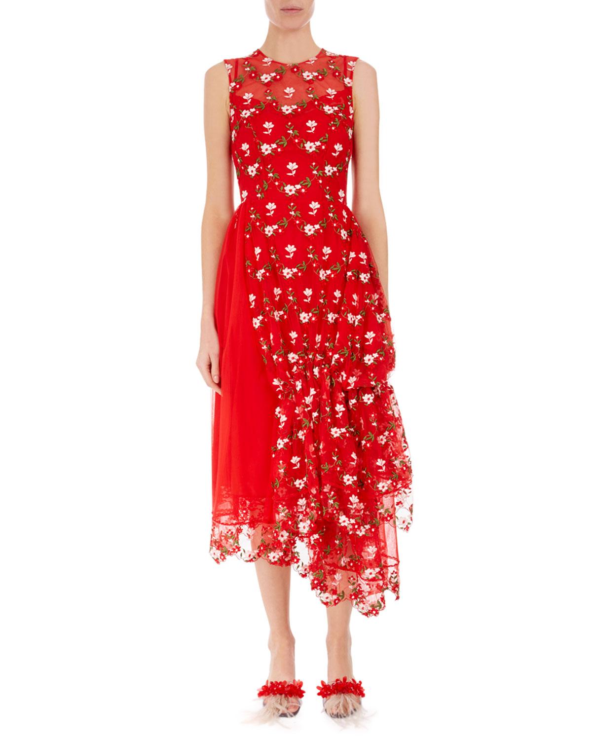 Lyst Simone Rocha Sleeveless Floral Embroidered Tulle Dress In Red