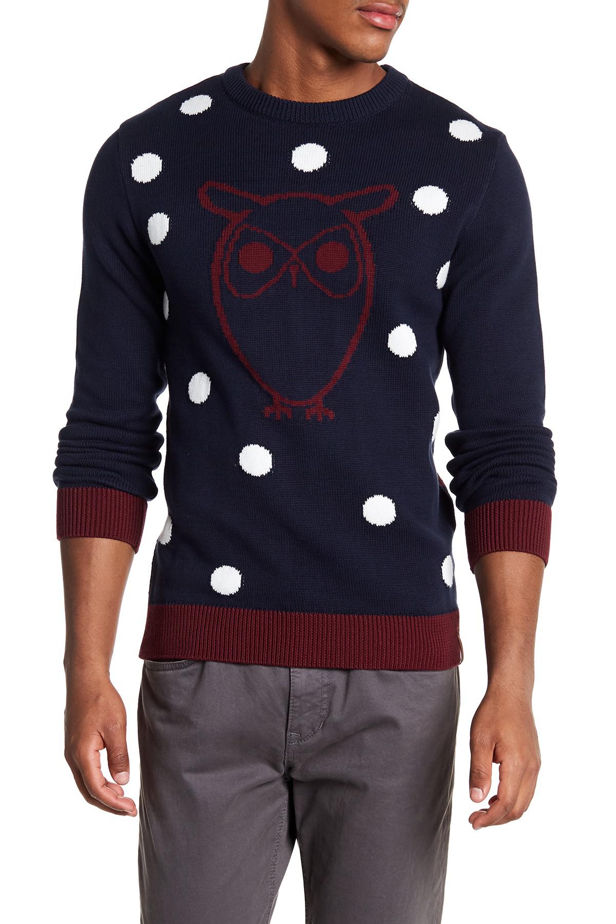 Lyst - Knowledge Cotton Apparel Jacquard Knit Owl Sweater in Blue for Men